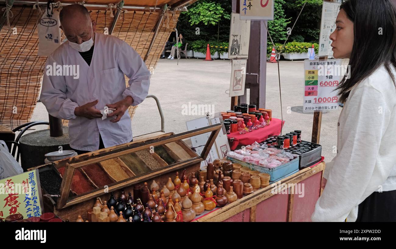 Tokyo- May 5 2024: the hawker sell the Shichimi in Sugamo. Shichimi is ...