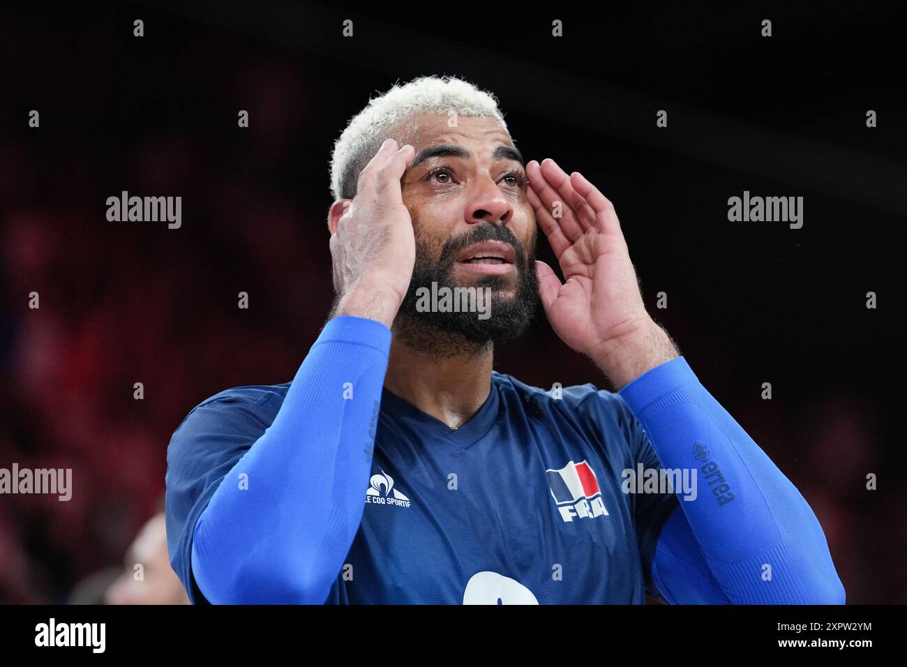 Paris, France. 7th Aug, 2024. Earvin Ngapeth of France reacts after the ...