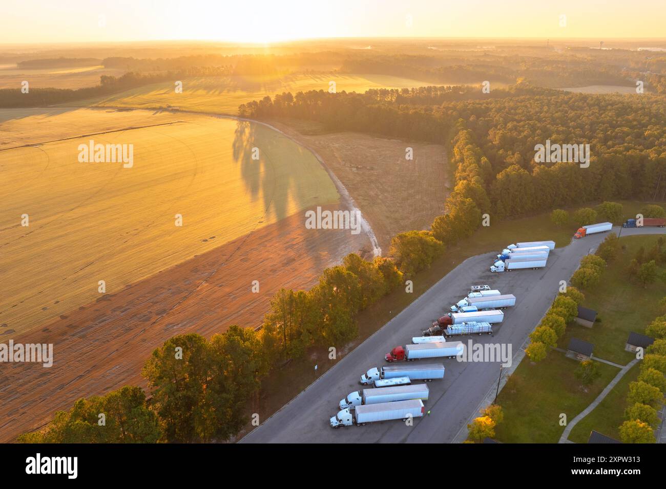 Truck stop at multilane American freeway. Rest area for semi-truck ...
