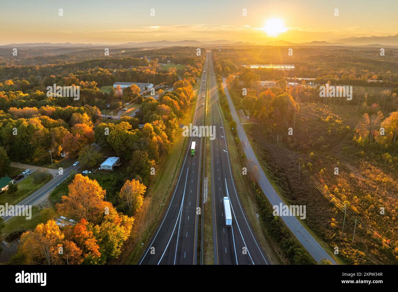 USA highway transportation infrastructure at sunset. American freeway ...