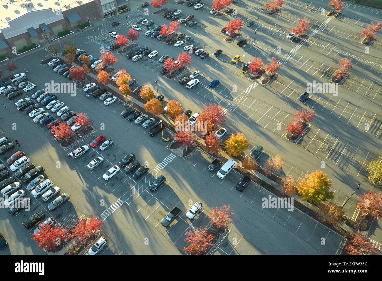 View from above of american grocery store with many parked cars on ...