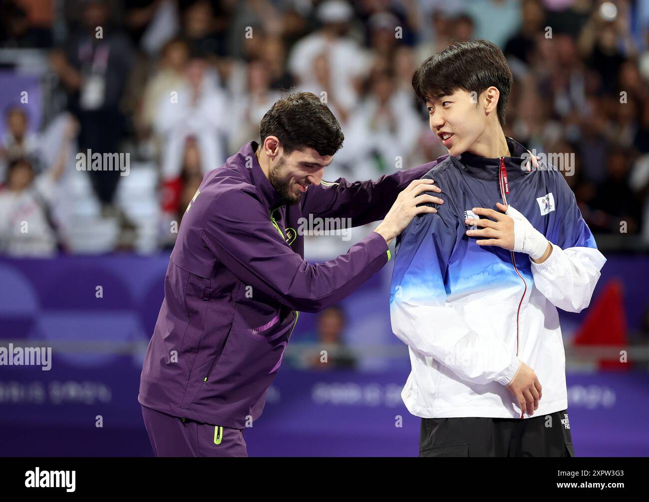 Paris, France. 7th Aug, 2024. Gold medalist Park Taejoon (R) of South ...
