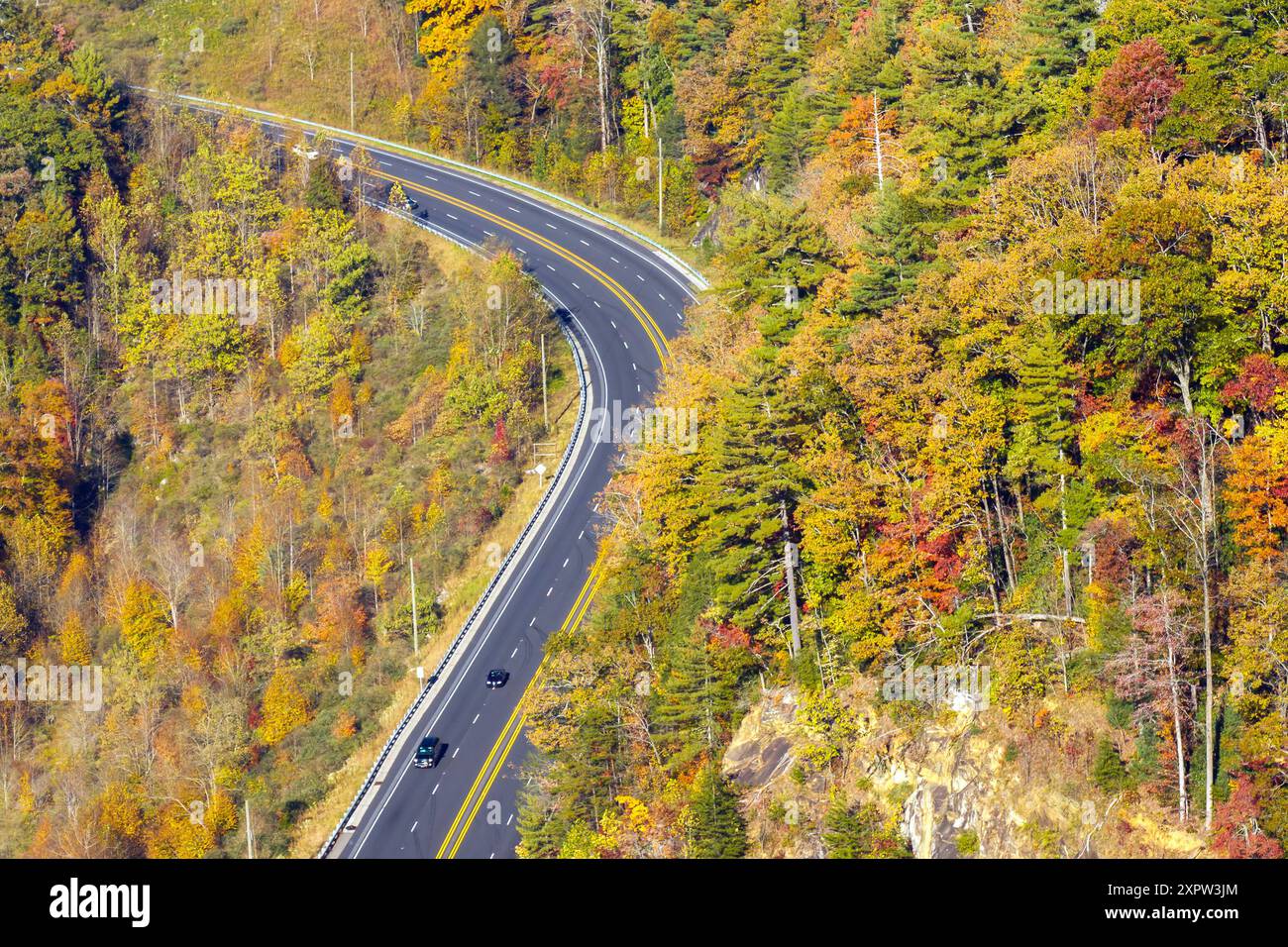 Wide multilane highway road in USA Appalachian mountains with fast ...