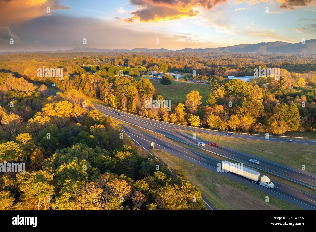 Wide multilane highway road in USA Appalachian mountains with fast ...