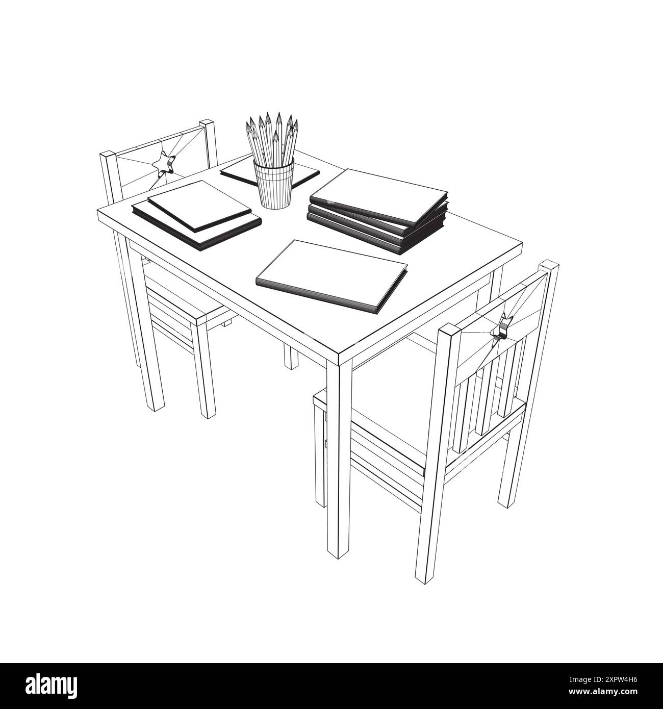 Wireframe of a rectangular table with two chairs made of black lines ...