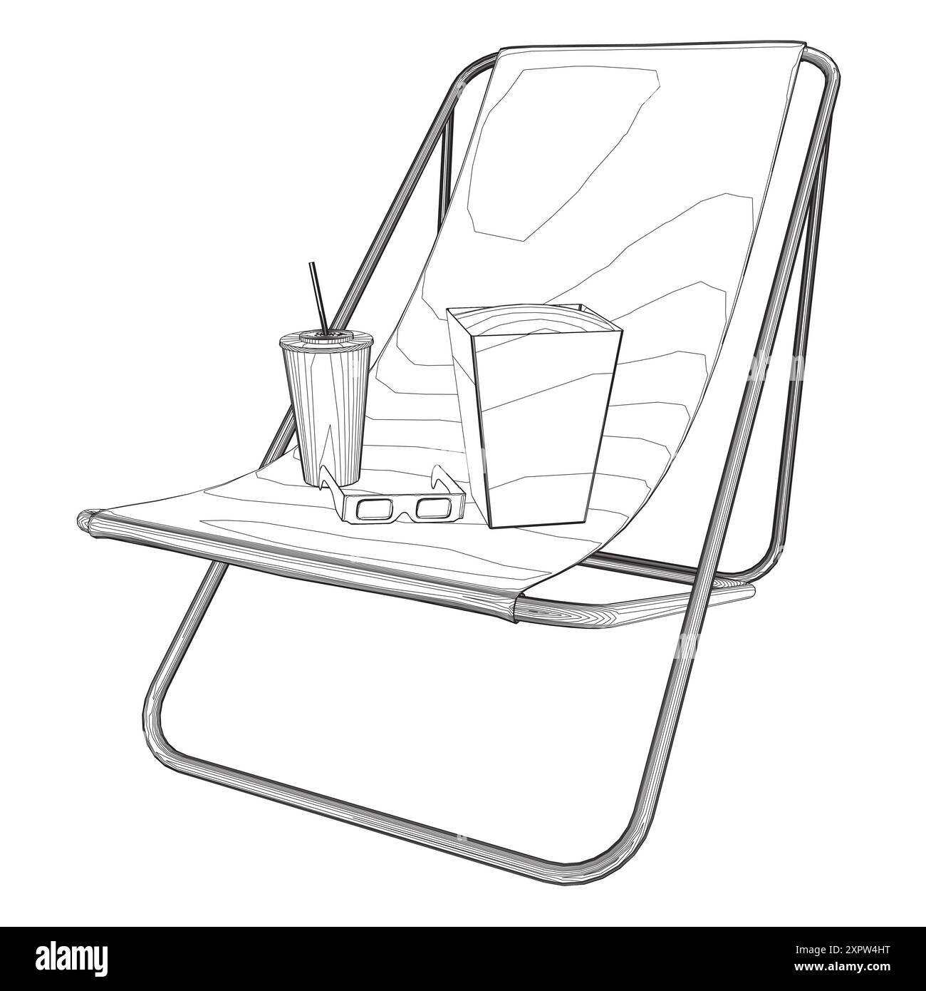 Outline of a folding beach chair with a package of popcorn, a glass of ...