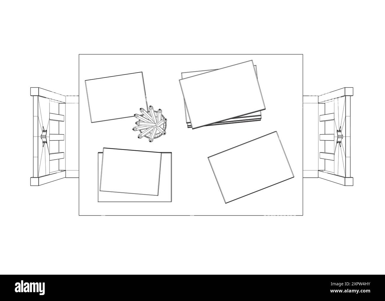 Wireframe of a rectangular table with two chairs made of black lines ...