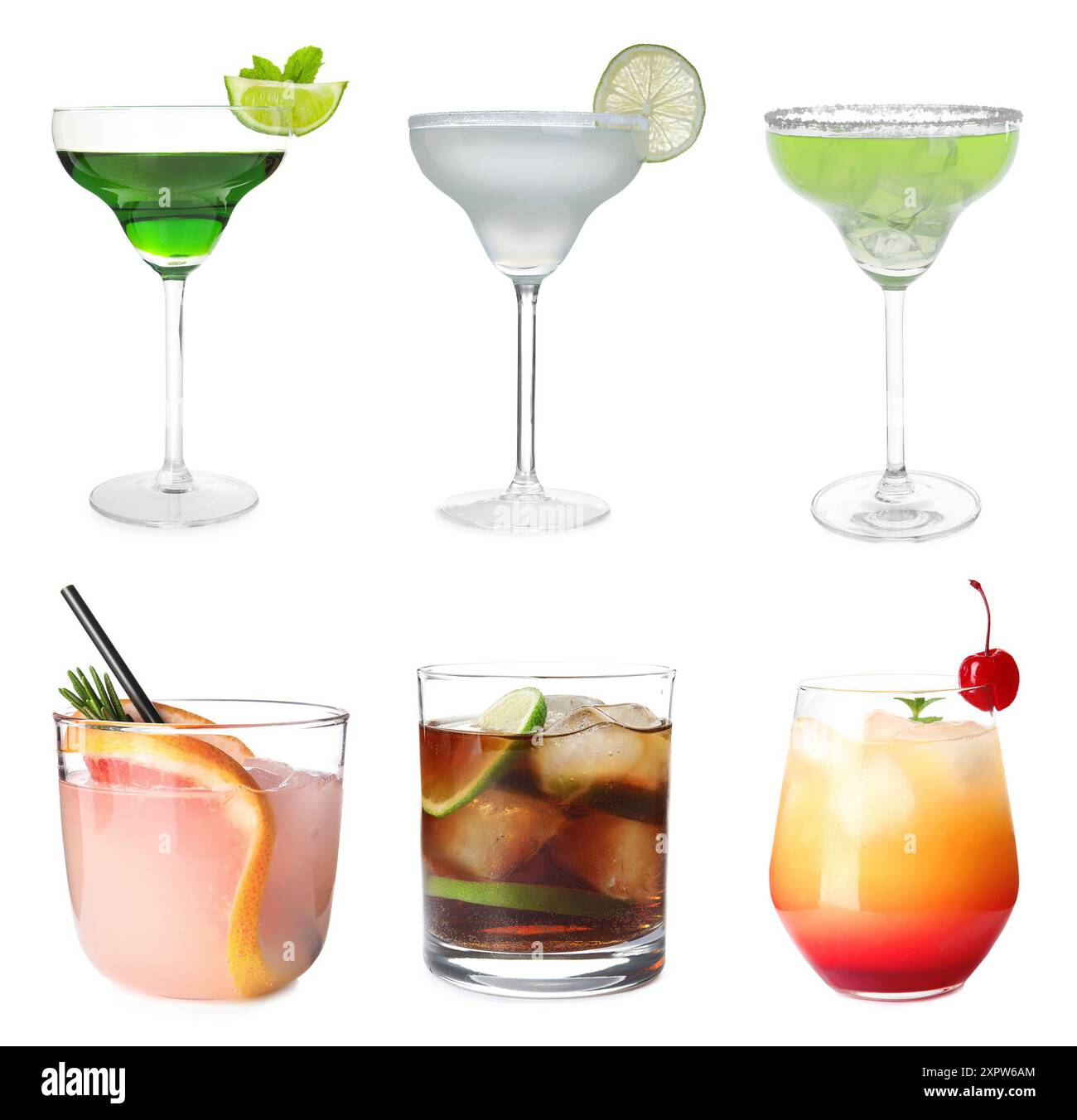 Many different cocktails in glasses isolated on white, collection Stock ...