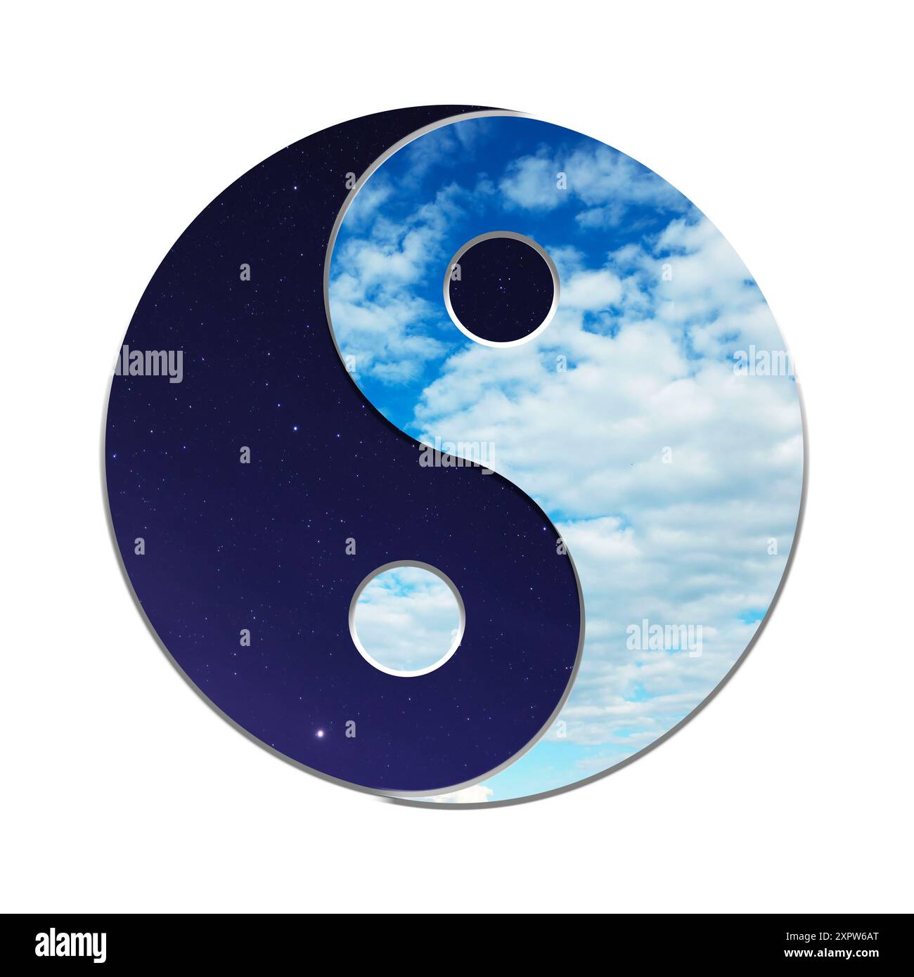 Yin and yang symbol with sky at night and day inside on white ...