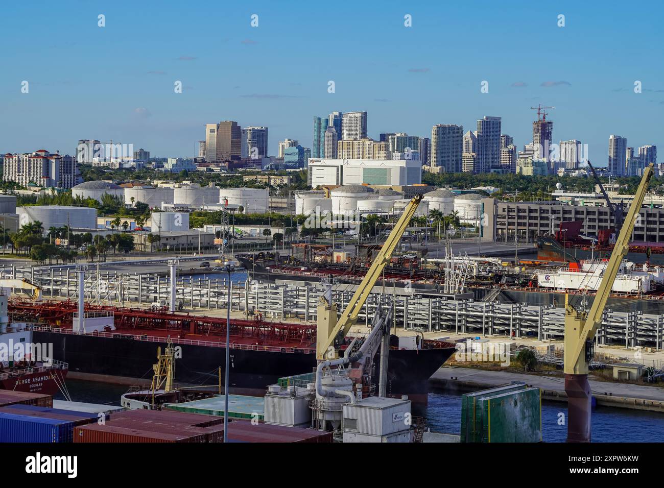 View of the Miami port, is magnificent buildings, cruise ships and the ...