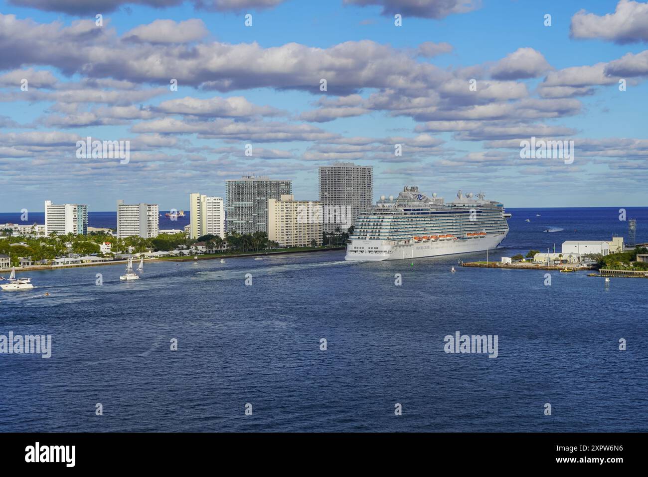 View of the Miami port, is magnificent buildings, cruise ships and the ...