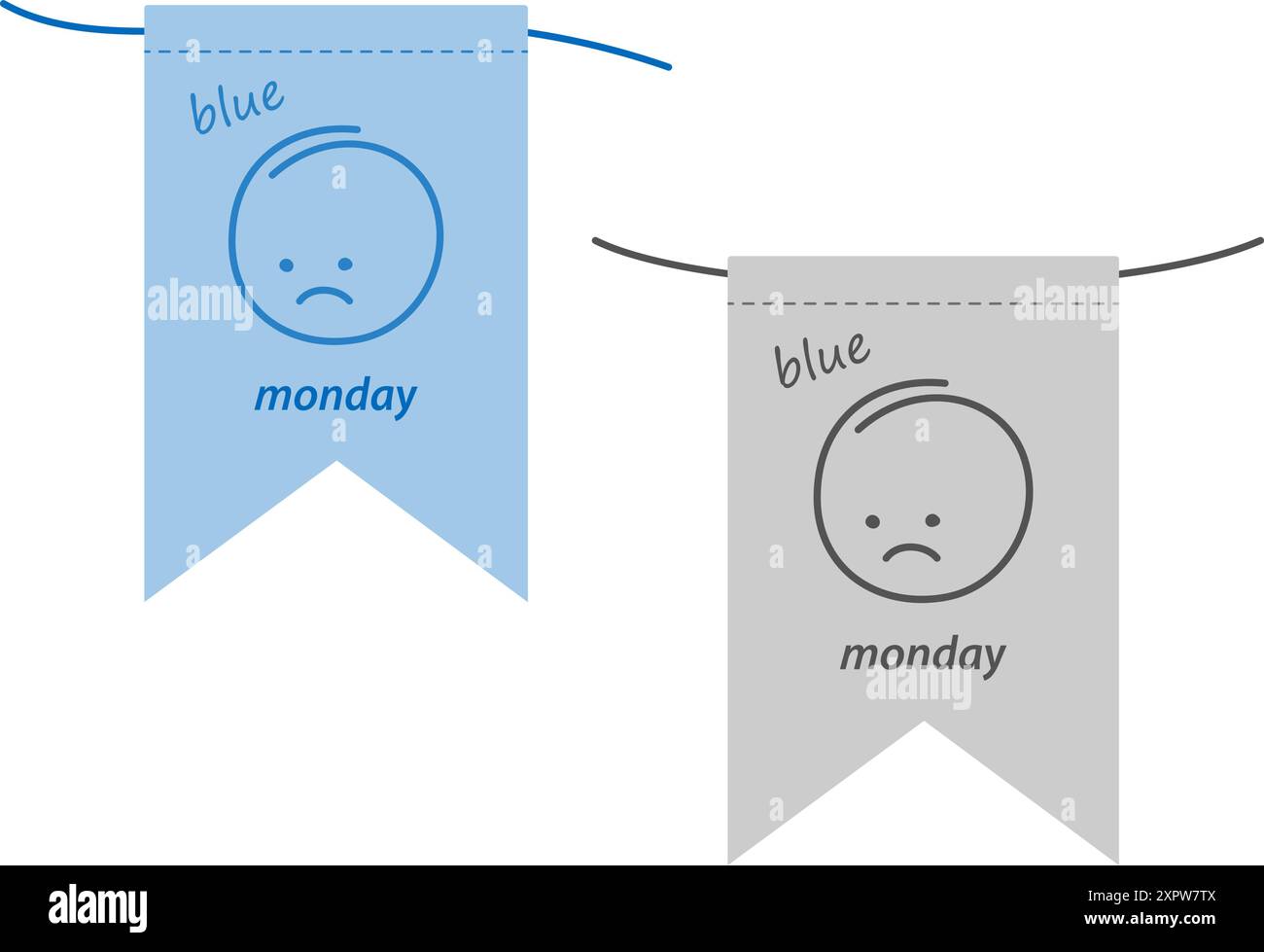 Pennant on a string with sad Emoticon and inscription blue Monday. Set ...