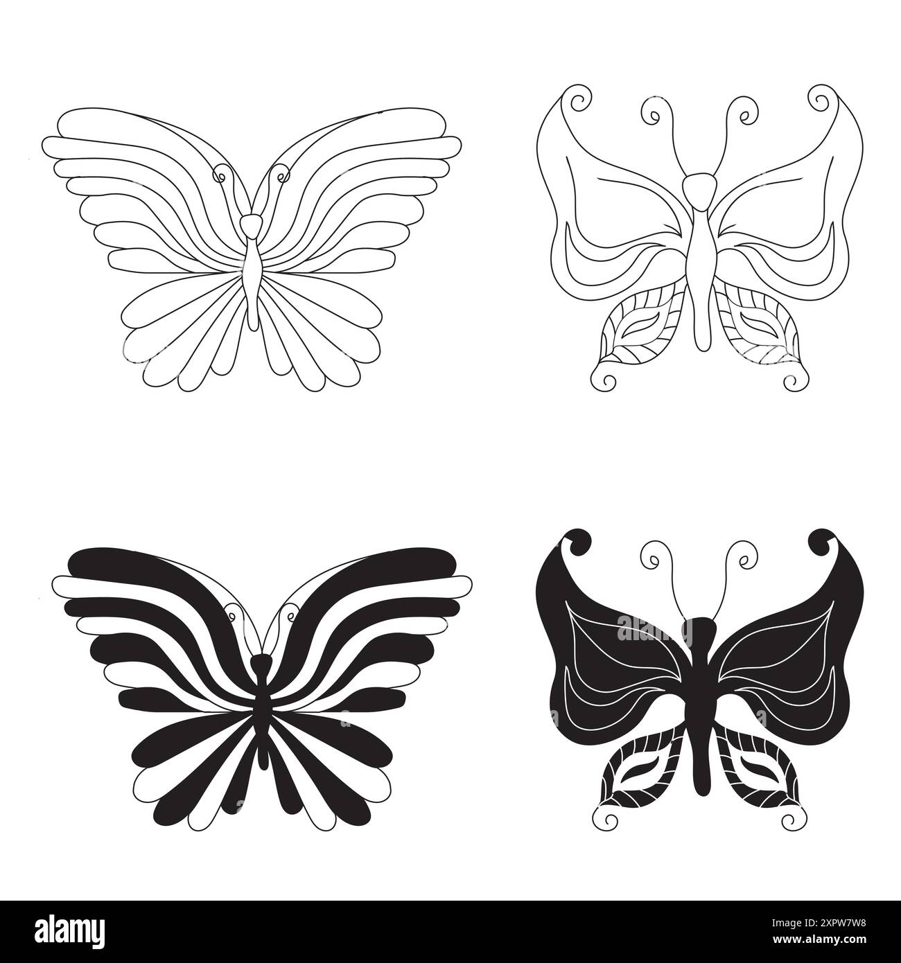 Simple butterflies. Small set in two styles, doodle and silhouette ...