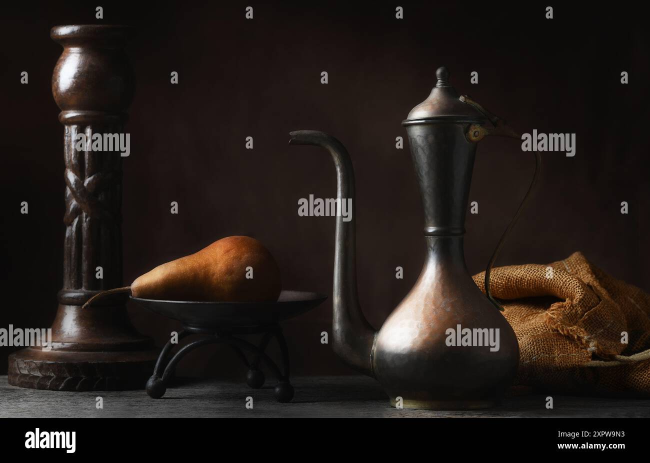 Tea Pot, Burlap Sack and Pear Still Life, warm side light Stock Photo ...