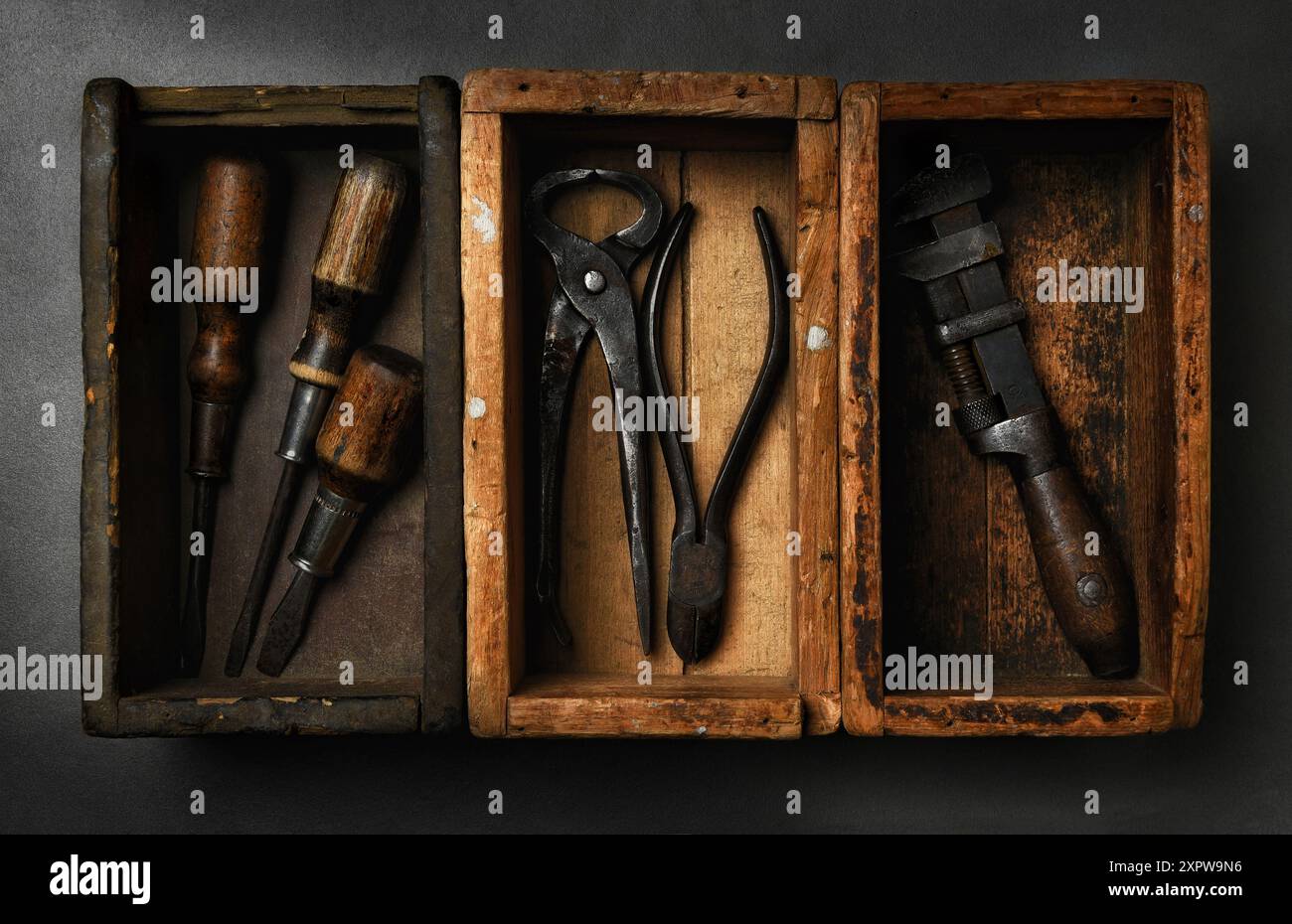 Three Wood Boxes with Antique Tools Stock Photo - Alamy