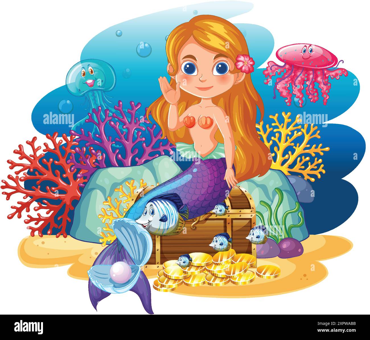 Mermaid with sea creatures and treasure chest Stock Vector Image & Art ...