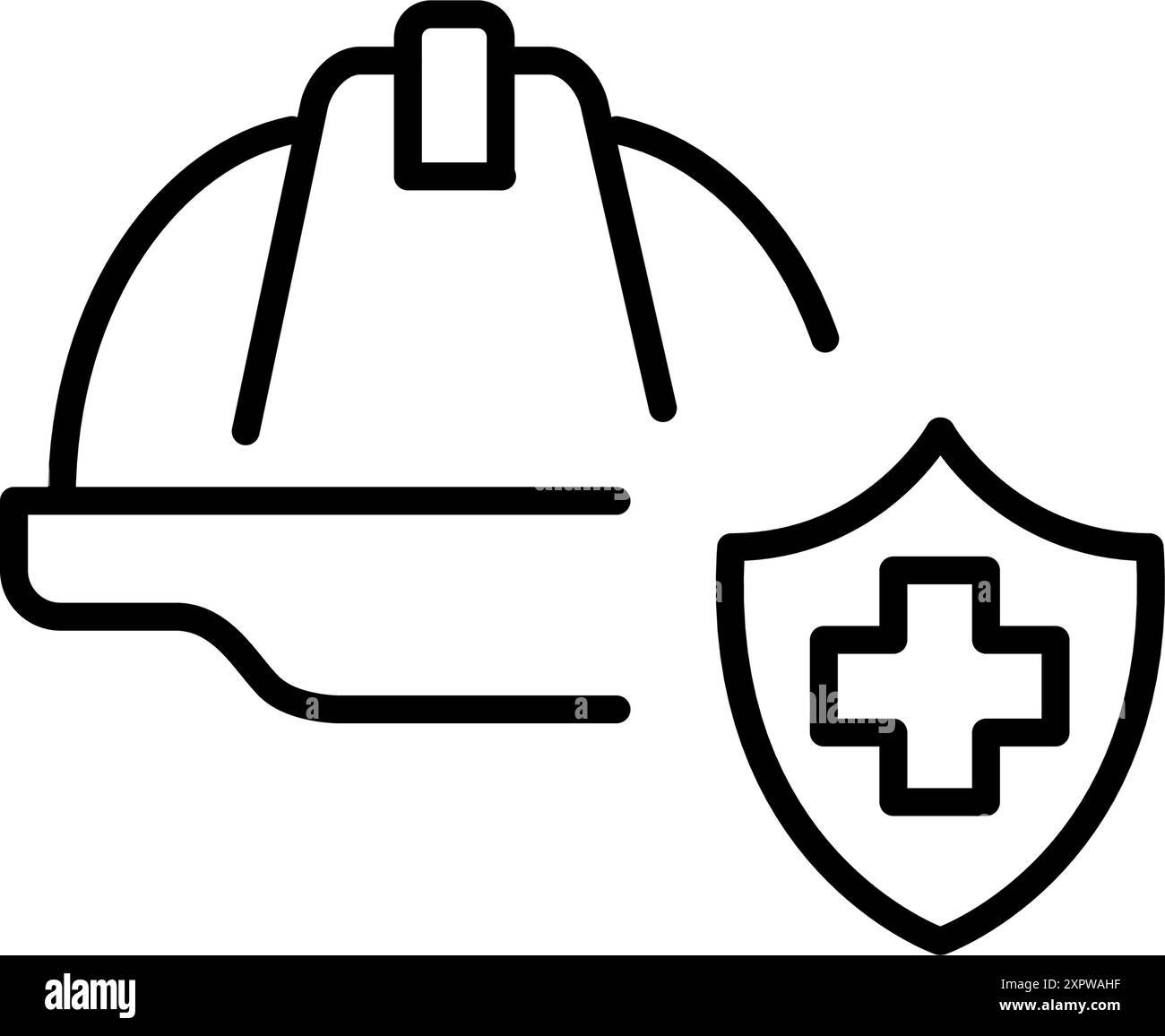 Hard hat and health insurance shield. Safe workplace environment. Pixel ...