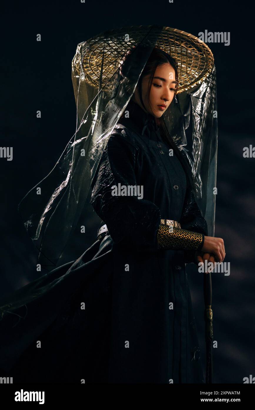 Asian swordswoman in a dark hanfu with bamboo hat Stock Photo - Alamy