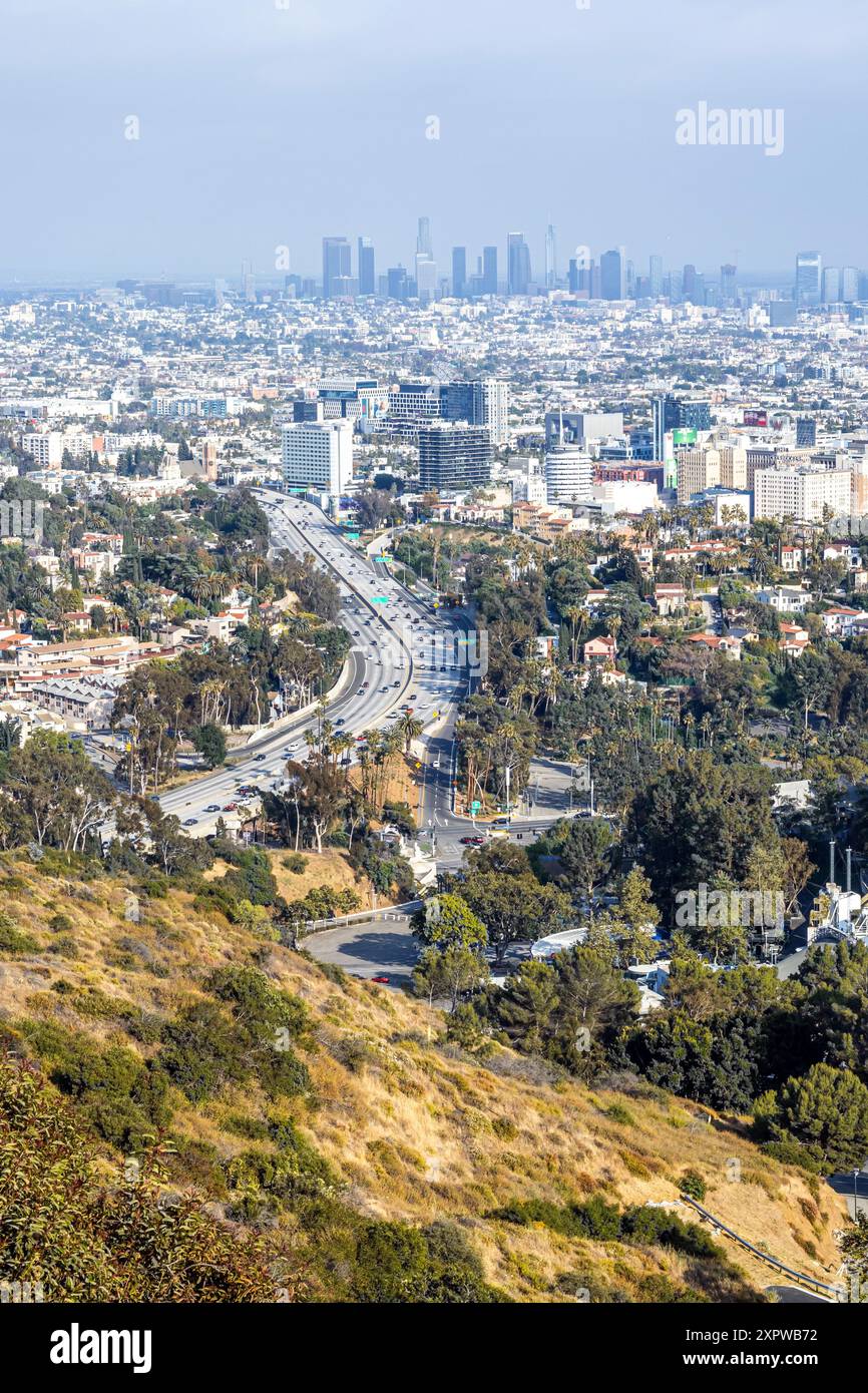 High angle aerial view of Los Angeles, California, with US 101 highway ...