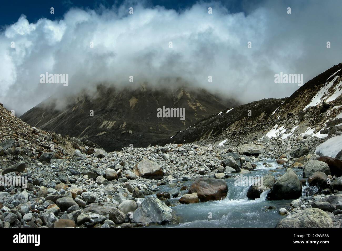 Ice cold Lachung river flowing out of glacier at Yumesamdong, Zero point, Sikkim, India ...