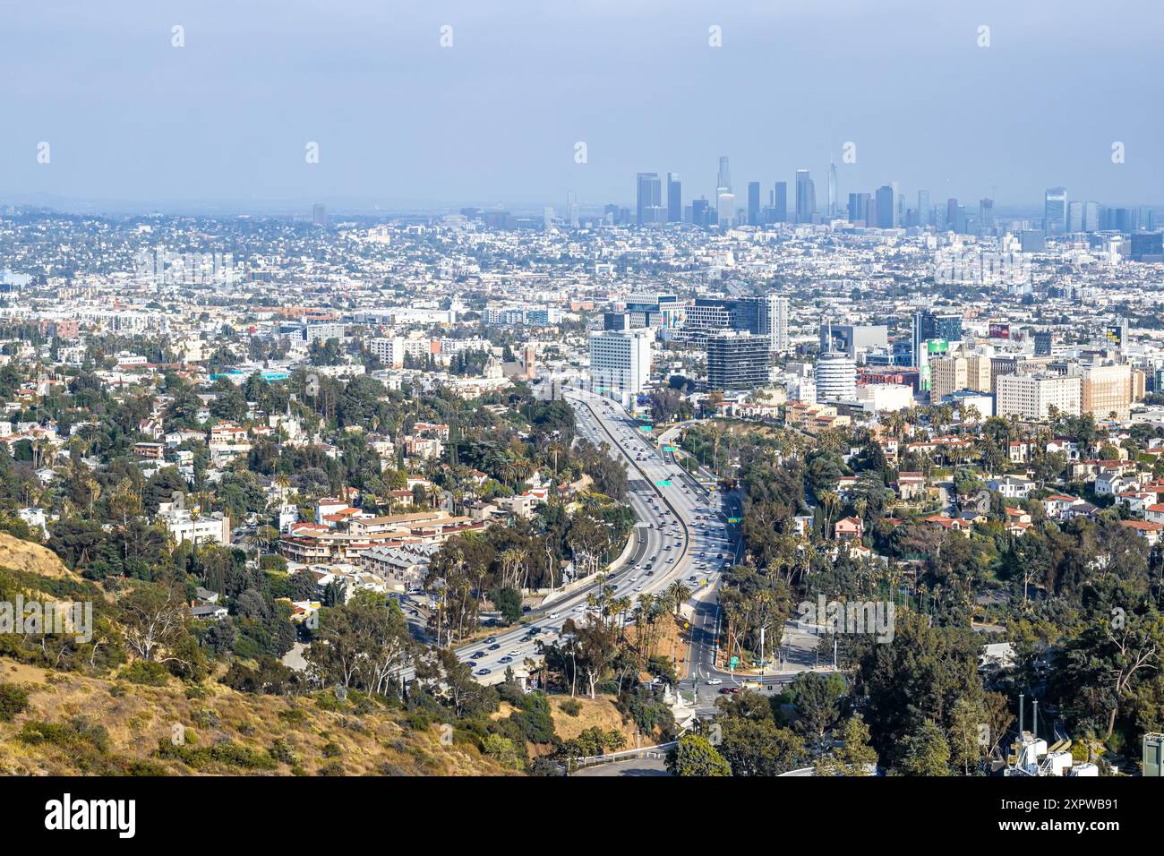 High angle aerial view of Los Angeles, California, with US 101 highway ...