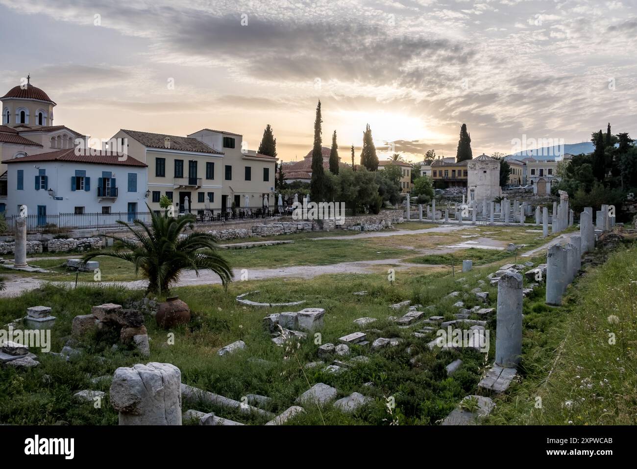 Sunrise view of the Roman Agora, located in the Old Town of Athens ...