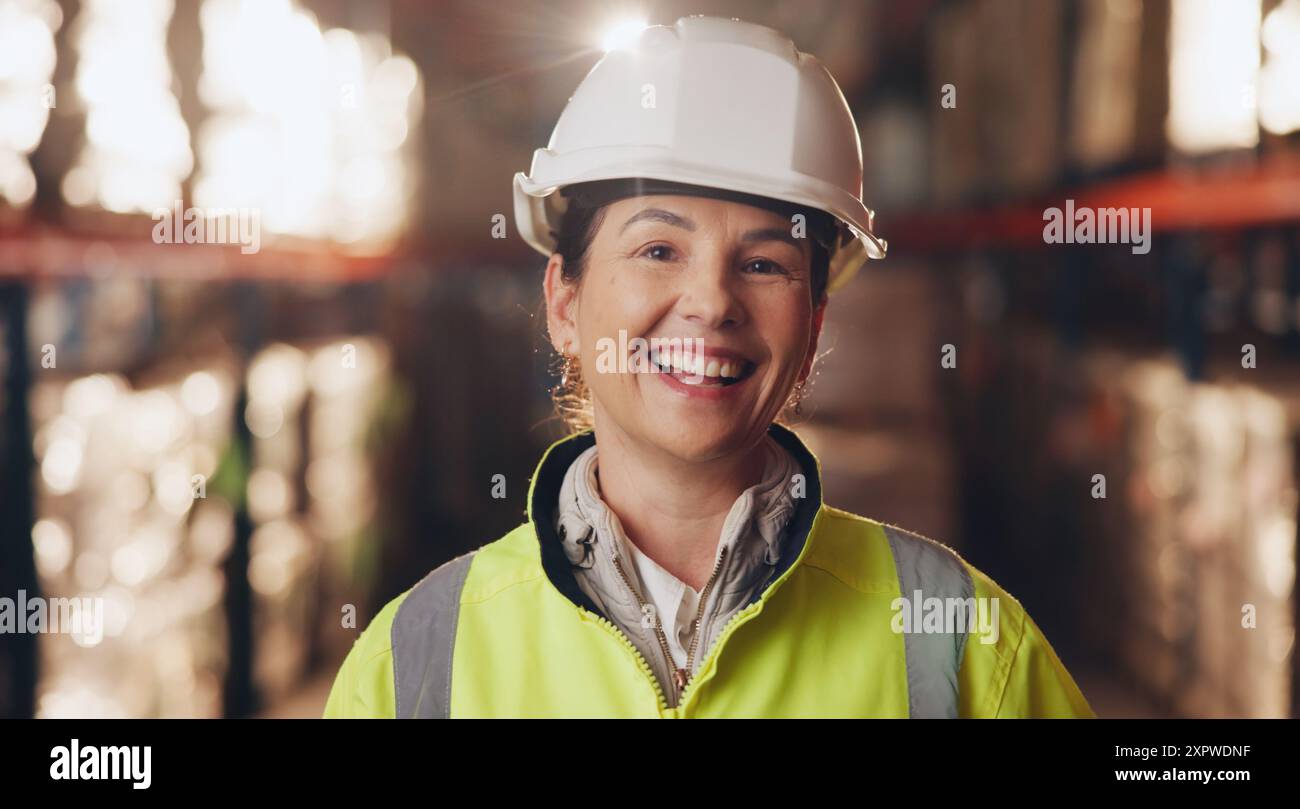 Portrait, woman and smile in warehouse, confident and proud of supply ...
