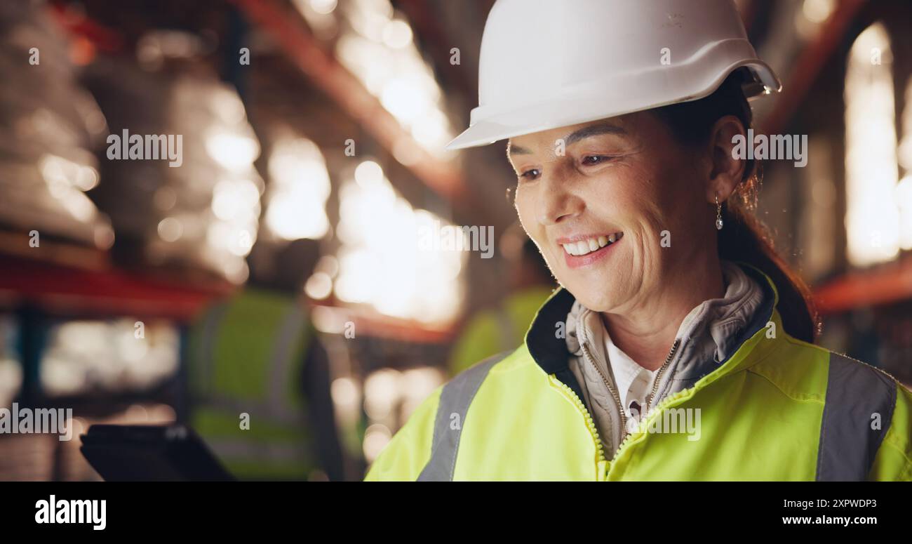Smile, storage and tablet with woman in warehouse for distribution ...