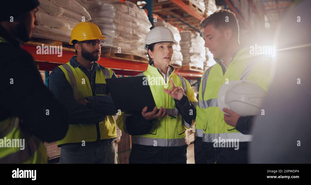 Distribution, tablet and group in warehouse, teamwork and inventory ...