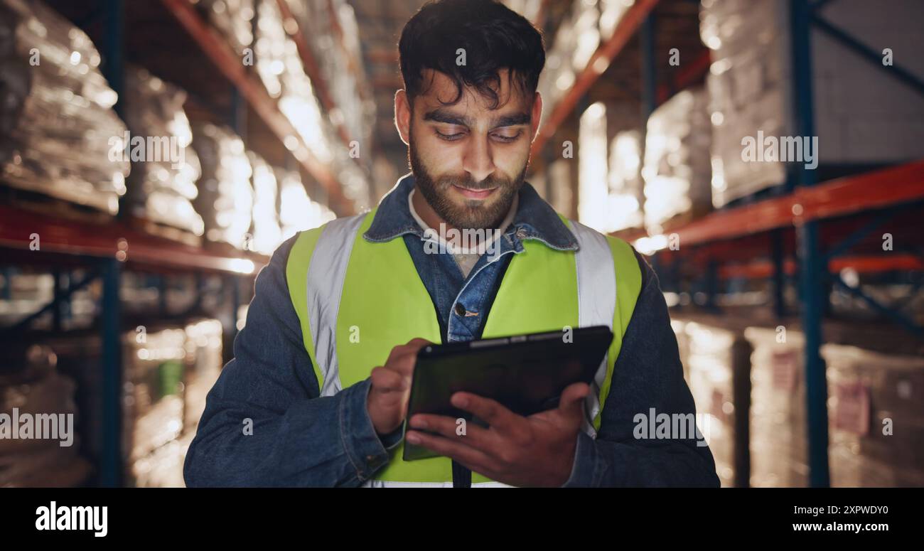 Stock, supply chain and tablet with man in warehouse for online order ...