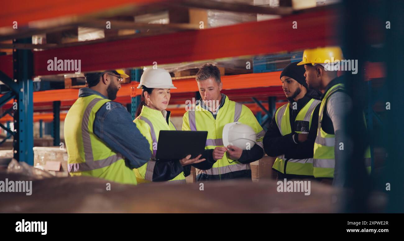 Employees, tablet and group in warehouse, teamwork and inventory with ...