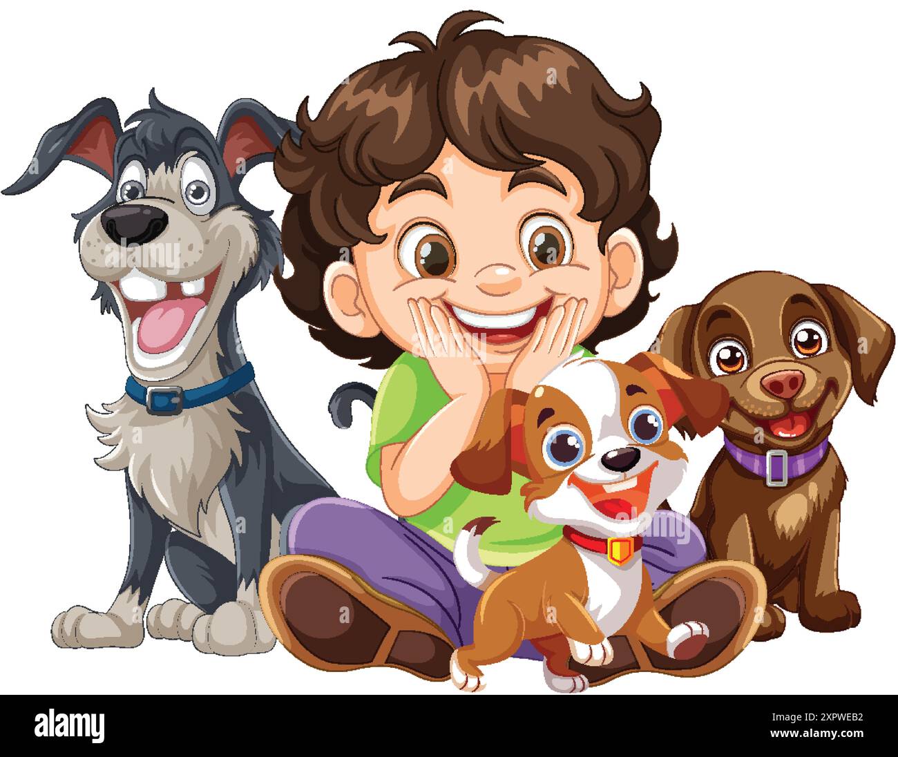 Child sitting with three happy dogs Stock Vector Image & Art - Alamy