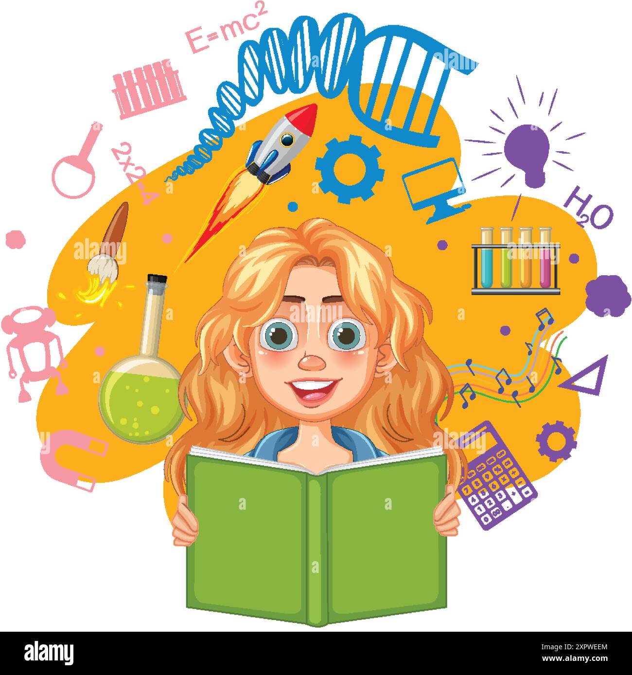 Girl reading book with science symbols around Stock Vector Image & Art ...