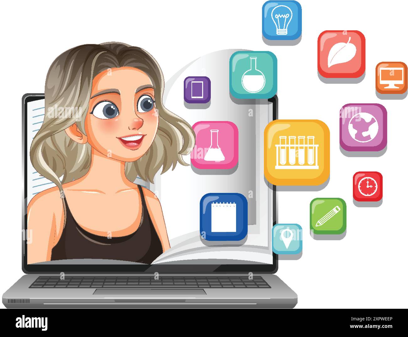 Woman learning online with educational icons Stock Vector Image & Art ...