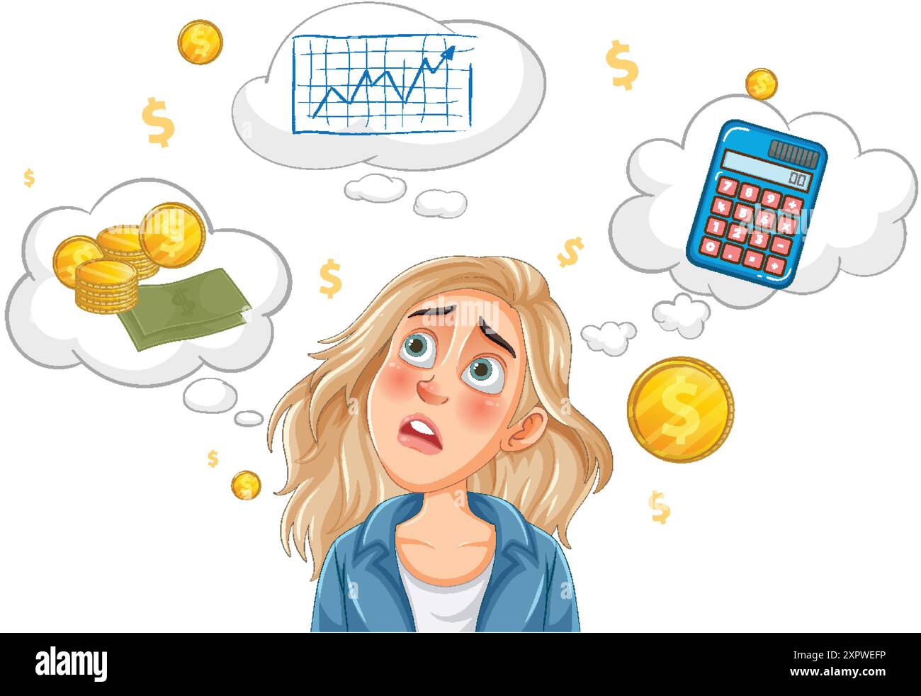 Woman thinking about money, investments, and calculations Stock Vector ...
