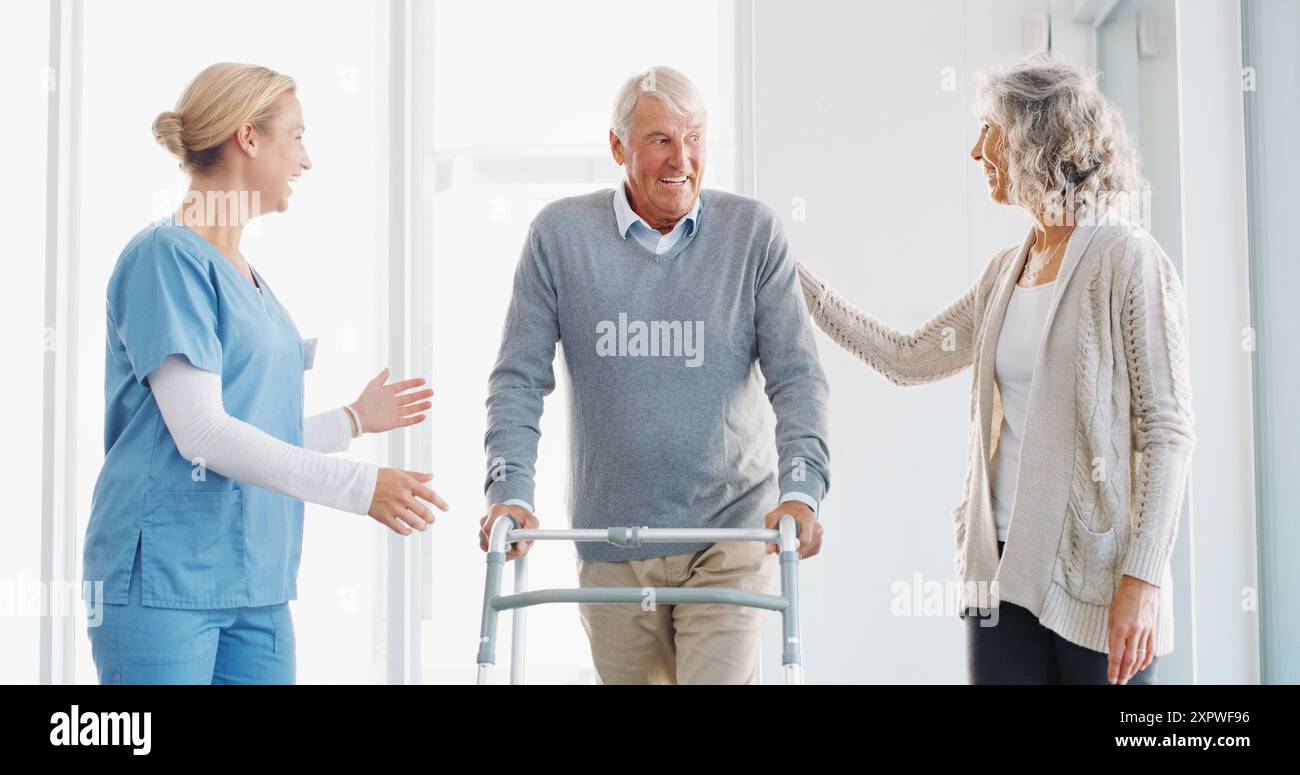 Caregiver, walking and old man with walker, support and senior couple ...