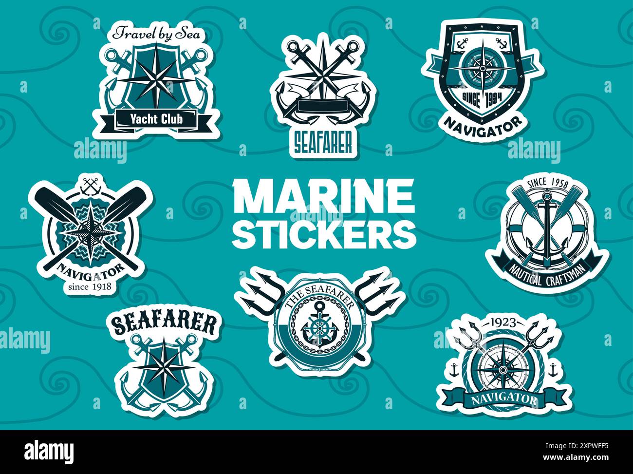 Marine stickers featuring nautical symbols like anchors, compasses ...