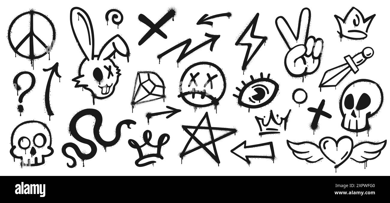Grunge graffiti spray paints, ink icons. Vector set of black urban and ...