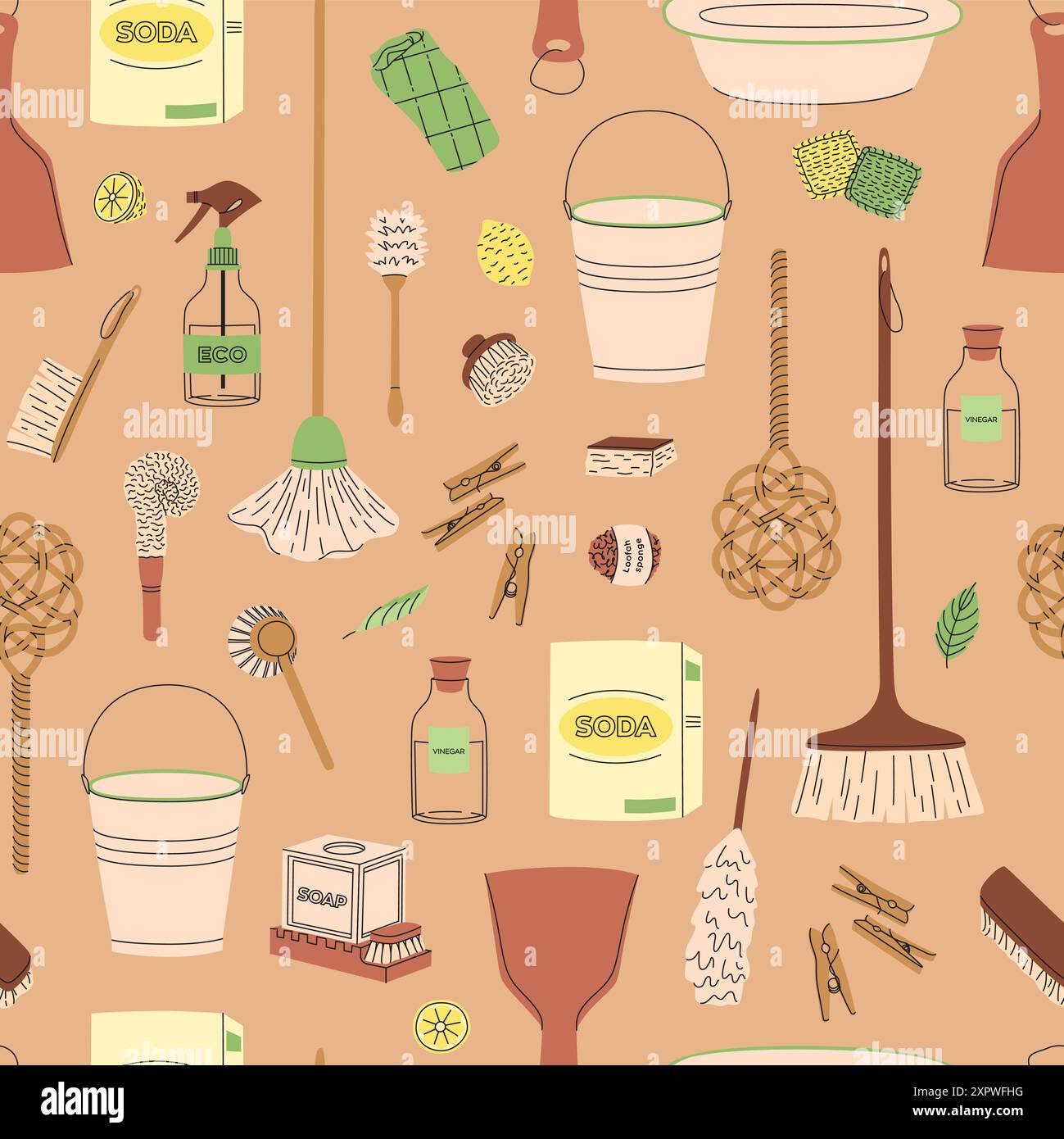 Eco-friendly cleaning products seamless pattern. Organic natural ...
