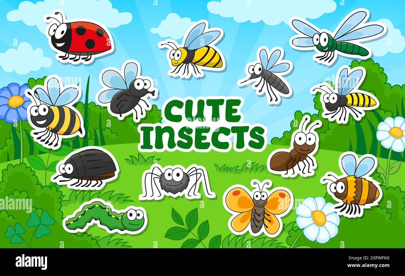 Cartoon funny insect characters stickers pack. Vector patches with cute ...