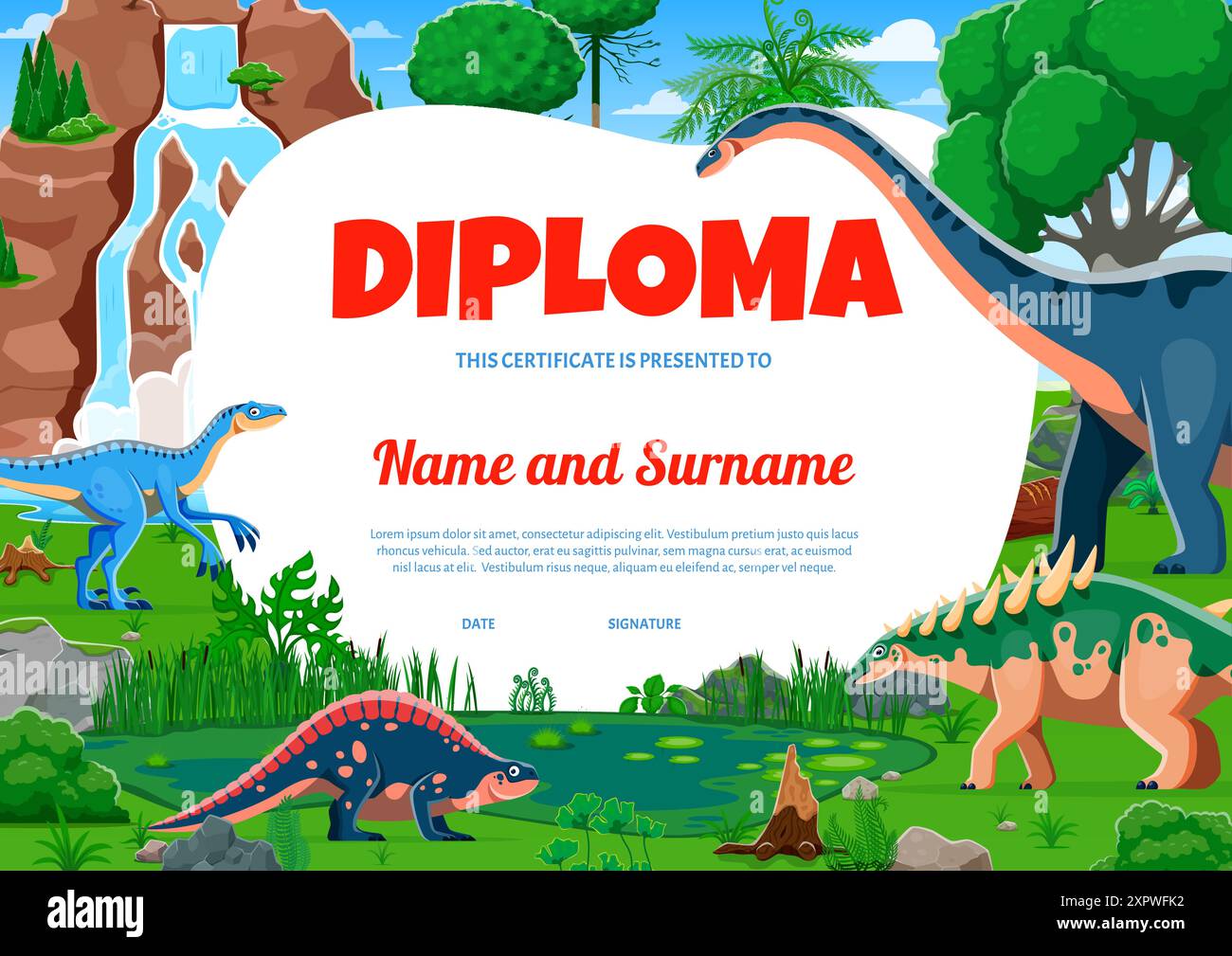 Kids diploma with funny prehistoric dinosaurs characters. Vector school ...