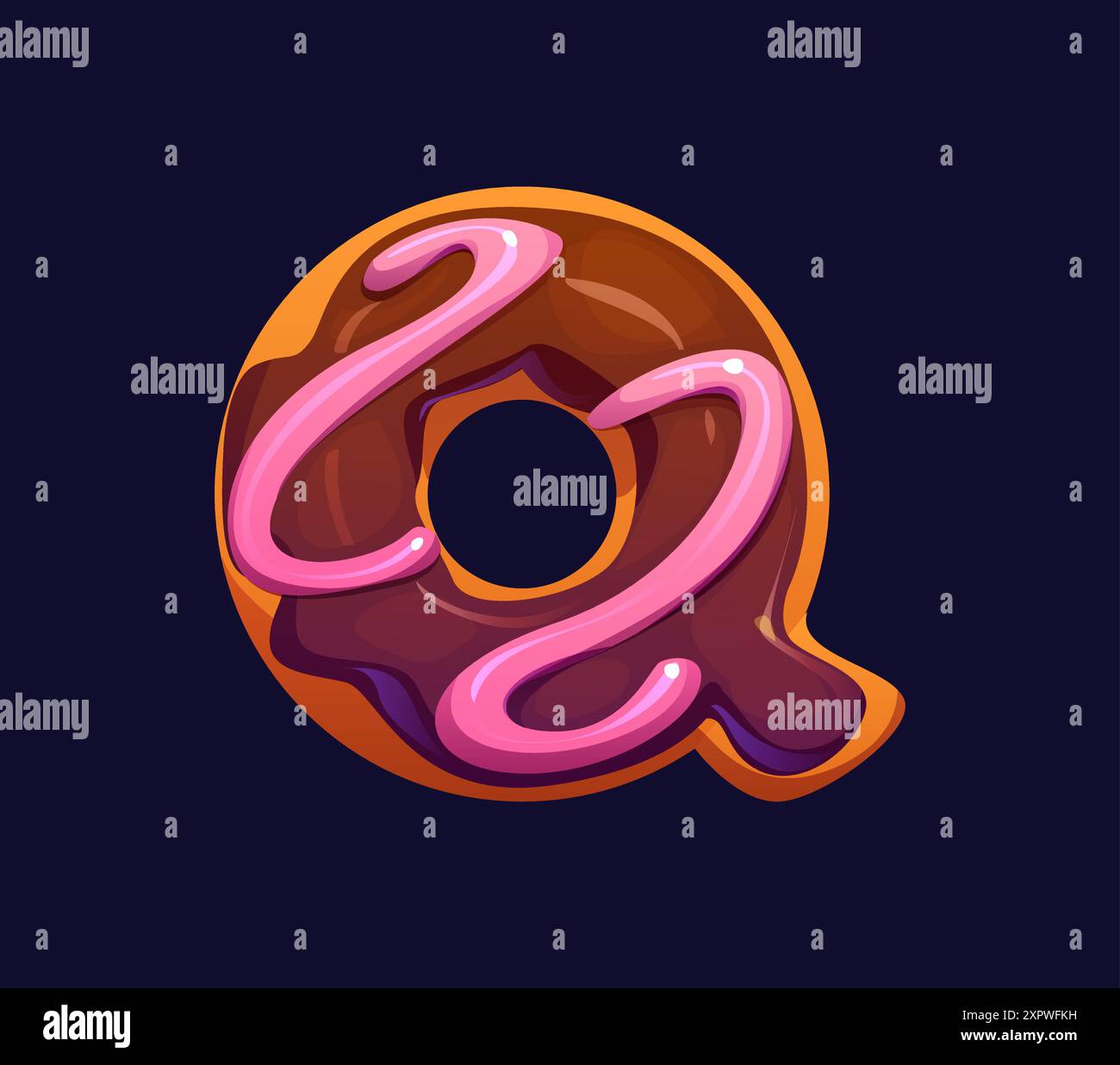 Cartoon Letter Q like a donut with glossy chocolate icing and pink ...
