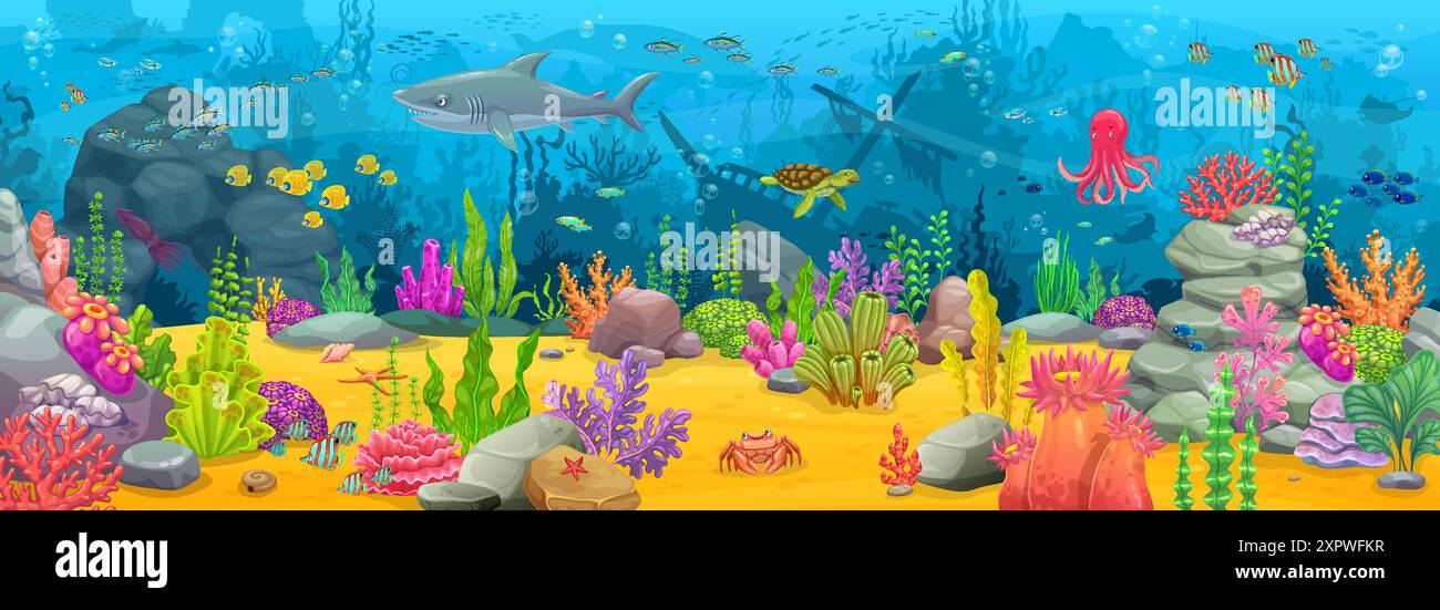 Game map, cartoon underwater landscape with sunken ship, sea animals ...