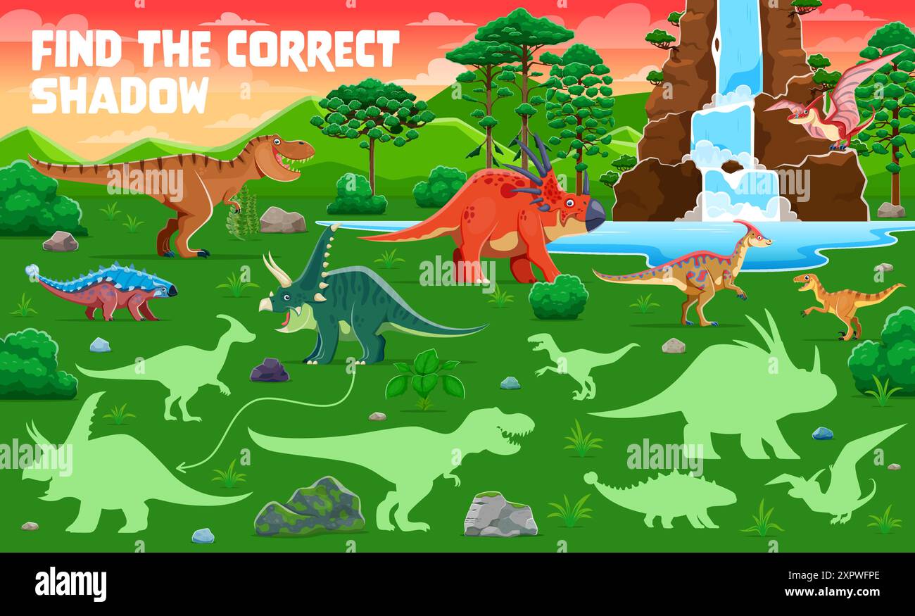 Find correct shadow of prehistoric dinosaurs, cartoon quiz game for ...