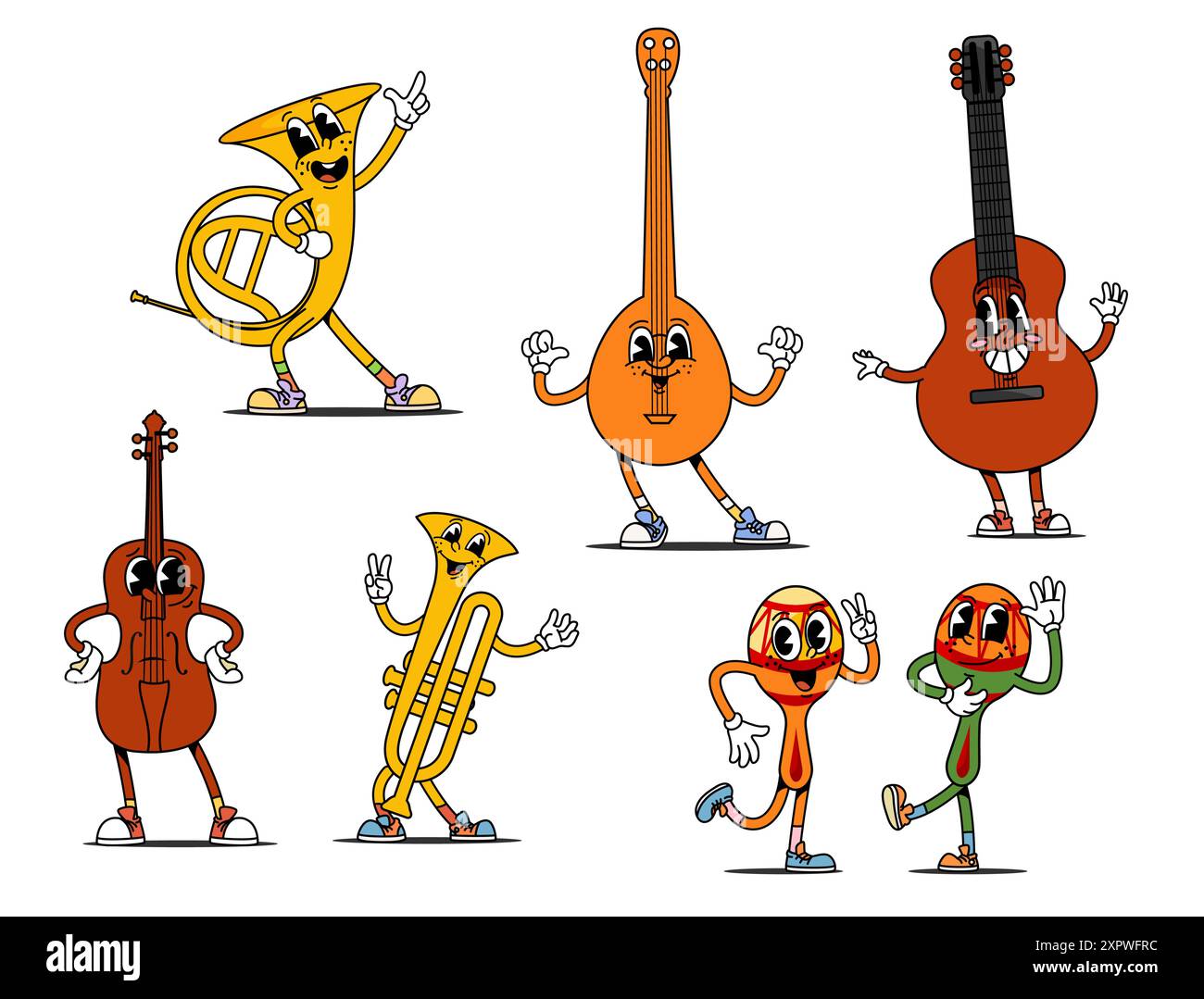 Cartoon retro groovy musical instrument characters. Tuba, guitar ...