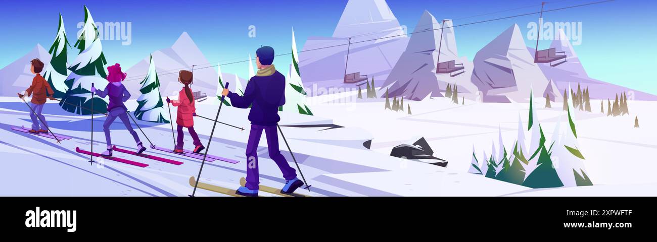 Family on winter ski resort vacation. Cartoon vector back view on man ...