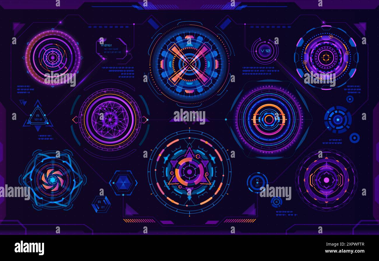 Futuristic circular HUD sci fi elements, digital interface. Vibrant, neon hud high tech hologram ...