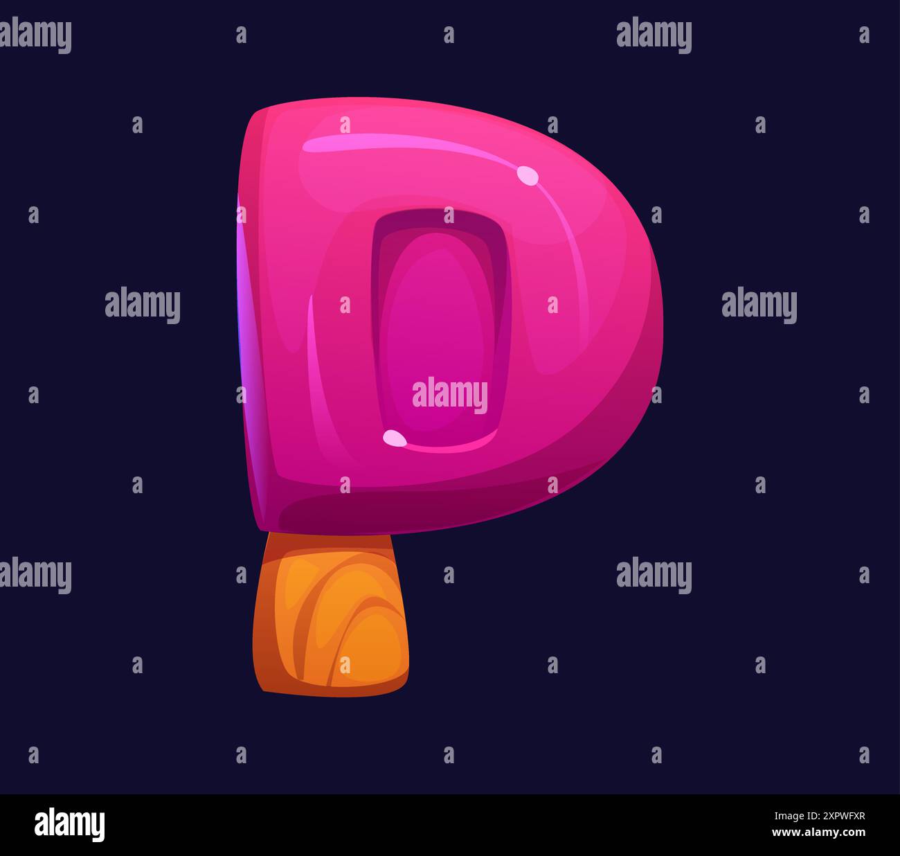 Cartoon Letter P shaped like a pink popsicle on a wooden stick. Candy ...