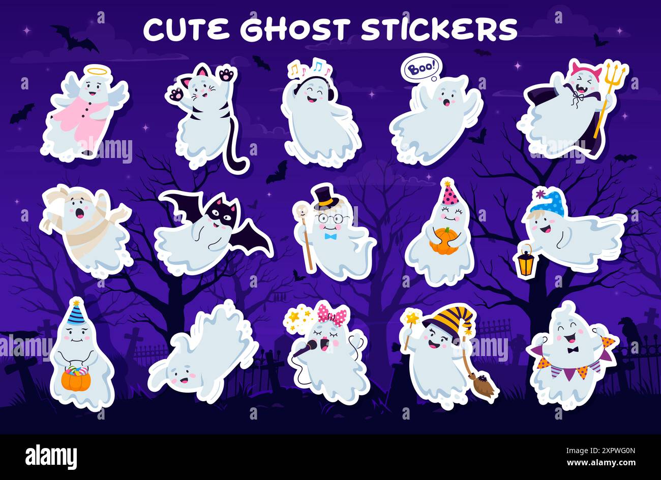 Cartoon Halloween kawaii ghost characters stickers. Cute spirits vector ...