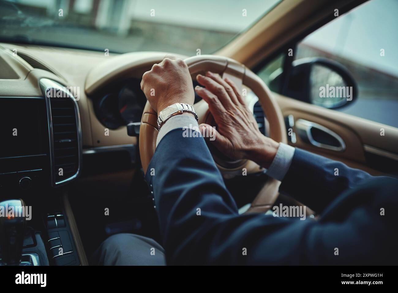 Man, hands and honking while driving car, commute and angry on route ...